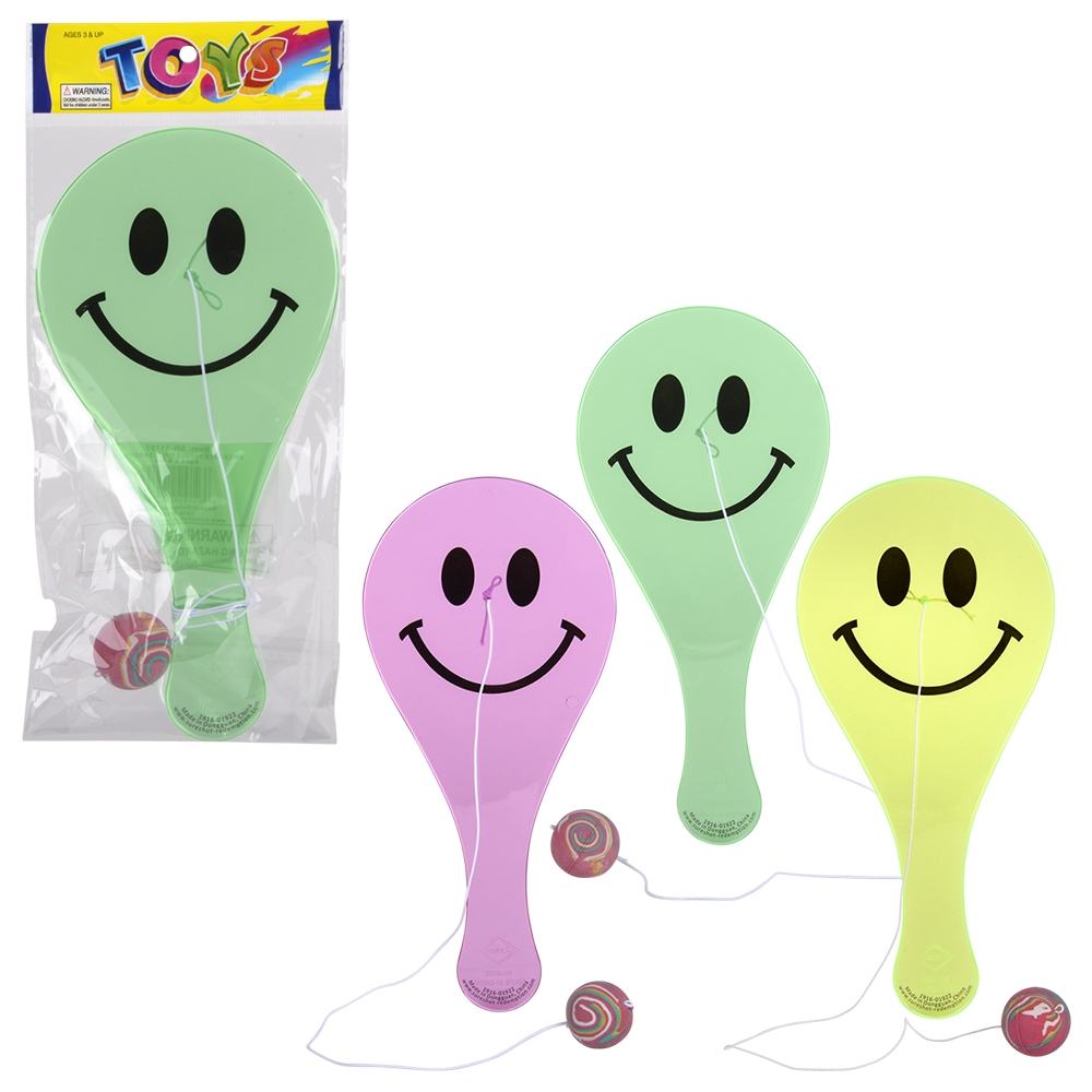 (T) Smile Face Paddle Ball (3 Asst.) 8.75"
